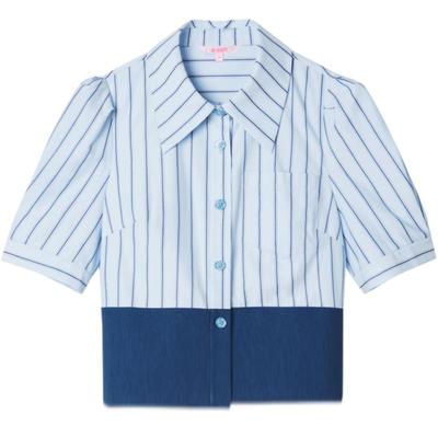 [天才女孩]SALT.P可颜2024夏泡泡袖雾霾蓝条纹拼色短款衬衫