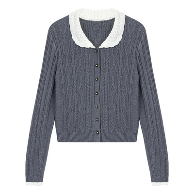 长袖娃娃领麻花毛衣女短款针织衫