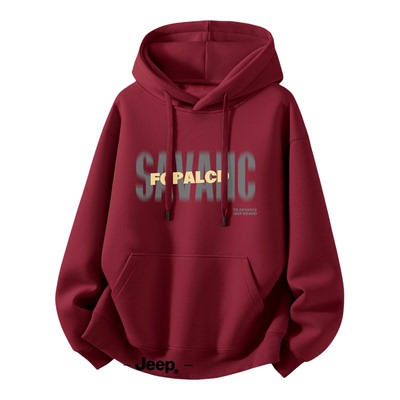 Jeep/吉普酒红色连帽卫衣加绒加厚秋冬季长袖外套男时尚休闲宽松