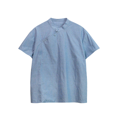 夏装女童蓝色条纹国风短袖上衣服