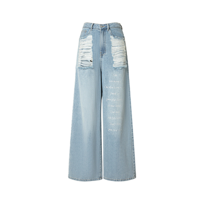 一页情牍Uena蓝色磨边破洞牛仔裤