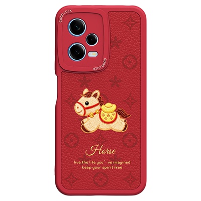 新年印花小马适用红米Note12Pro手机壳RedmiNote12Pro+小米新款5G极速版Redmi小羊皮硅胶套红色2026马年防摔