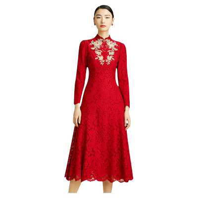 新中式改良旗袍刺绣鱼尾连衣裙