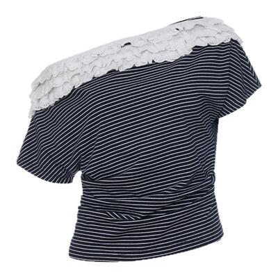 Clink Clunk 2026夏季新款藏青斜肩条纹上衣女休闲风甜美上衣