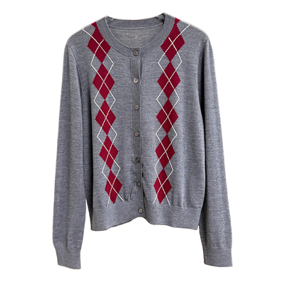 N货！提花菱格圆领羊毛针织开衫