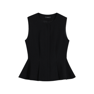 Maven Lin 高智白领 黑色醋酸衬衫女无袖圆领收腰荷叶边背心上衣