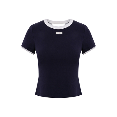 Kroche木浆纤维蕾丝拼接圆领短袖