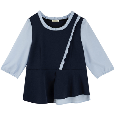 甜美木耳边时髦减龄显瘦拼色上衣