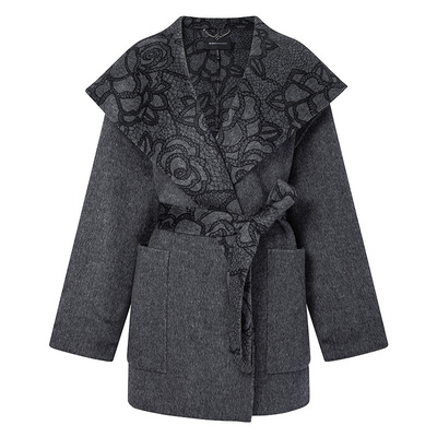 【绵羊毛】BCBG新款蕾丝印花双面毛呢外套灰色高级感大衣外套冬