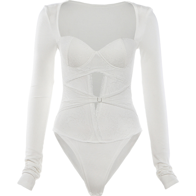 蕾丝拼接不规则镂空长袖体连体衣