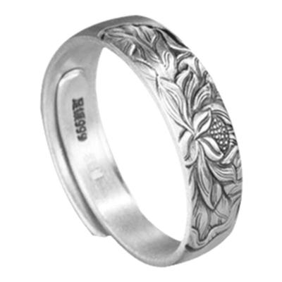 吴越老银铺足银999芙荷戒指复古开口调节设计银指环精致国潮小众