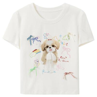 ibudu小狗印花T恤蝴蝶结圆领
