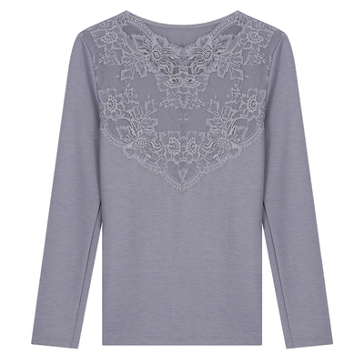 安莉芳2025年秋冬长袖v领暖肤衣打底上衣女士蕾丝花边秋衣ED00430