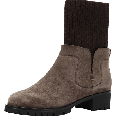 爱意秋冬羊皮拼接粗跟瘦瘦靴