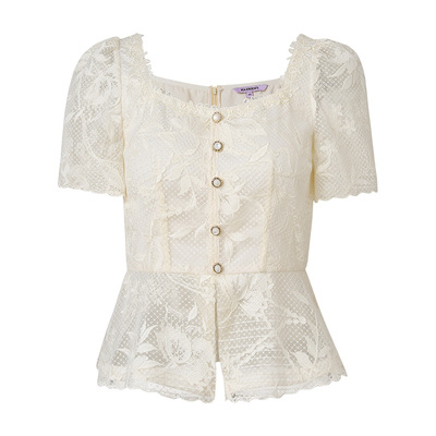 MAXRIENY波嬉风镂空蕾丝方领上衣女高级气质感修身显瘦25夏季女装