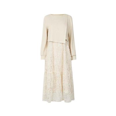 sdeer清新收腰绣花假两件连衣裙