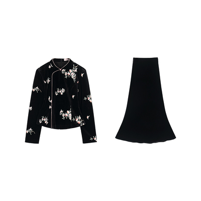 冯（CHAOMEI【墨花辞】新中式秋季长袖修身短外套人造丝半裙套装