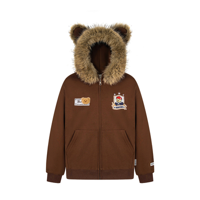 EUEH刺绣小熊耳朵毛领开衫外套男女新款加绒秋冬装休闲连帽卫衣潮