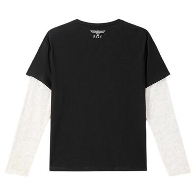 BOYLONDON潮牌黑白撞色假两件针织长袖2026年春季女款T恤W00900