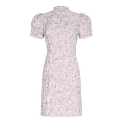 固执新中式旗袍提花短袖连衣裙