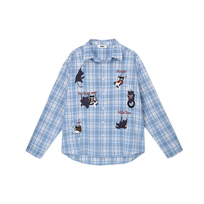PCMY刺绣小猫长袖设计感格子衬衫