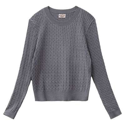 马登女装花灰色圆领显瘦绞花毛衣