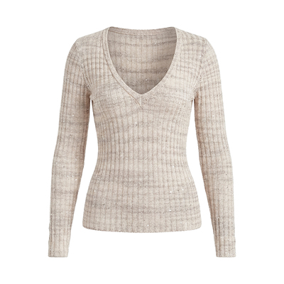 PynkiSwear 杏色/蓝色V领坑条针织毛衣女棉麻修身亮片打底衫上衣