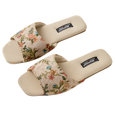 欧式绣花透气网布凉拖鞋女夏季居家用室内防滑牛筋底开口四季拖鞋