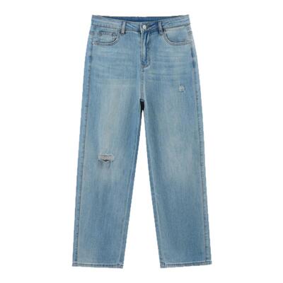 本依凡直筒长裤破洞牛仔裤