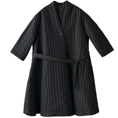 按扣竖条绗缝A摆收腰长款棉衣