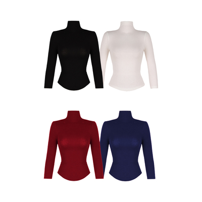 XULU原创纯色慕斯绒时尚感名媛百搭休闲高领七分袖圆弧下摆上衣