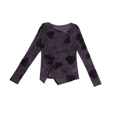 琪琪微微胖大码女装紫色植绒印花斜襟针织衫女长袖打底衫上衣新款