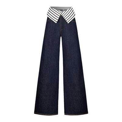 deepmoss条纹翻边阔腿牛仔裤