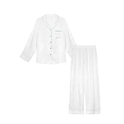 MISS PONYO限定轻奢缎面女士家居服长袖贵妇高级感白兰地套装5352