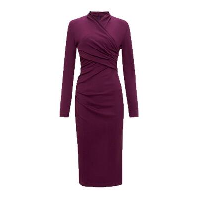 DVF梅子红纯色交叉领连衣裙