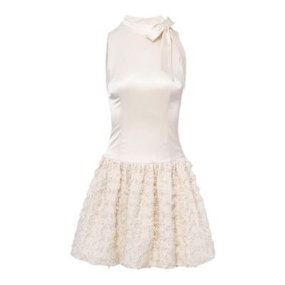 RECIT香槟缎面蝴蝶结毛毛连衣裙