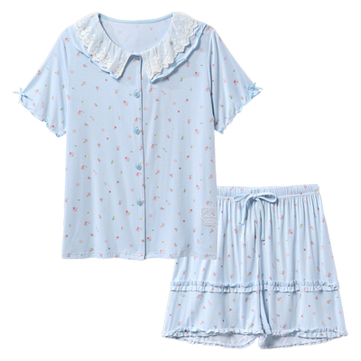 tutuanna睡衣女款夏 人棉娃娃领碎花前扣短袖短裤家居服女套装