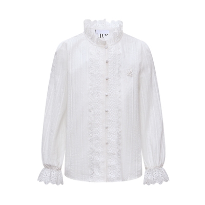 LILY立领蕾丝纯棉白色长袖衬衫