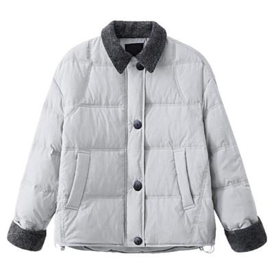 夕蒙2025新款冬季韩系设计感小个子保暖撞色拼接翻领羽绒服外套女