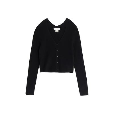 竖条纹修身V领短款针织开衫