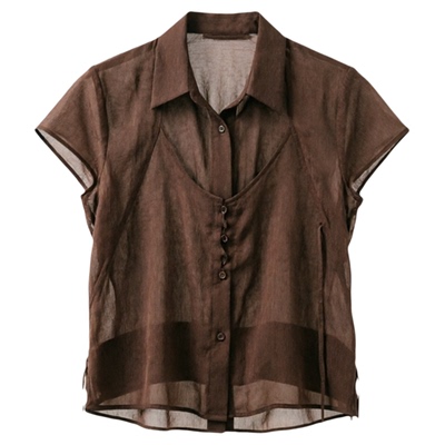 韩系假两件上衣韩国2026夏季新款微透纯欲系带挂脖翻领短袖衬衫女