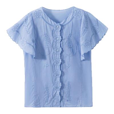 【情迷法式】显白治愈蓝 重工镂空刺绣 V领小飞袖100%莼棉衬衫女
