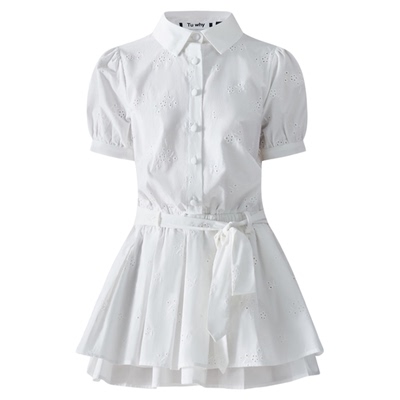 全棉刺绣收腰系带度假连衣裙