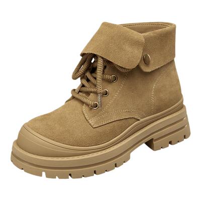 YRC英伦风翻领马丁靴女秋冬新款绒面真皮户外厚底工装大黄靴