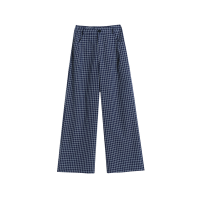 蓝色细纹格子裤女夏薄款阔腿裤子
