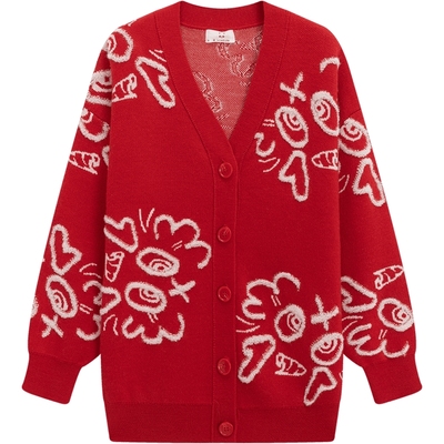 播broadcute童装羊毛针织开衫冬男女童卡通提花毛衣外套KGQ4U640