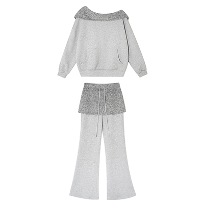 AsGony套装拼色一字领口袋卫衣裤