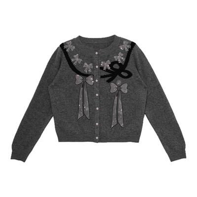 TCH【100%绵羊毛】春款时尚烫钻蝴蝶结灰色针织开衫女T78A43E1073