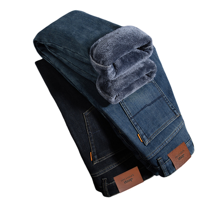 Jeep牛仔裤男宽松直筒加绒高腰弹