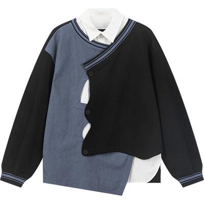 bosie不对称拼色条纹长袖卫衣潮